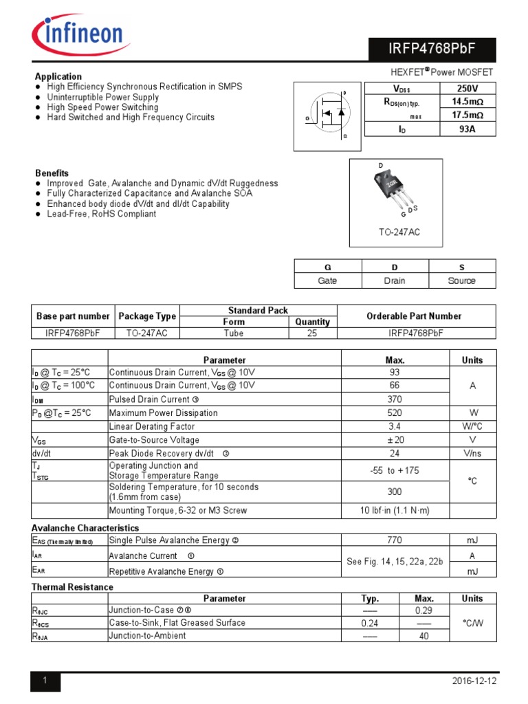Irfp4768Pbf: Application V 250V R 14.5M 17.5M I 93A | PDF | Field ...