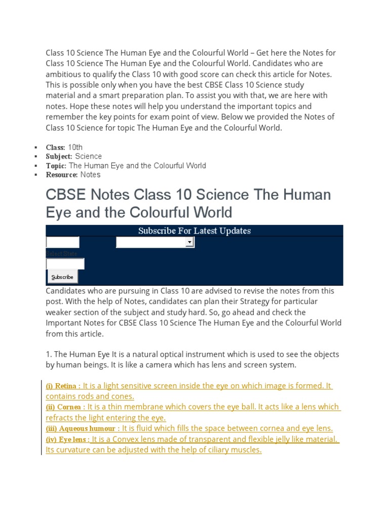 Class 10 Notes: Human Eye Overview | PDF | Eye | Human Eye