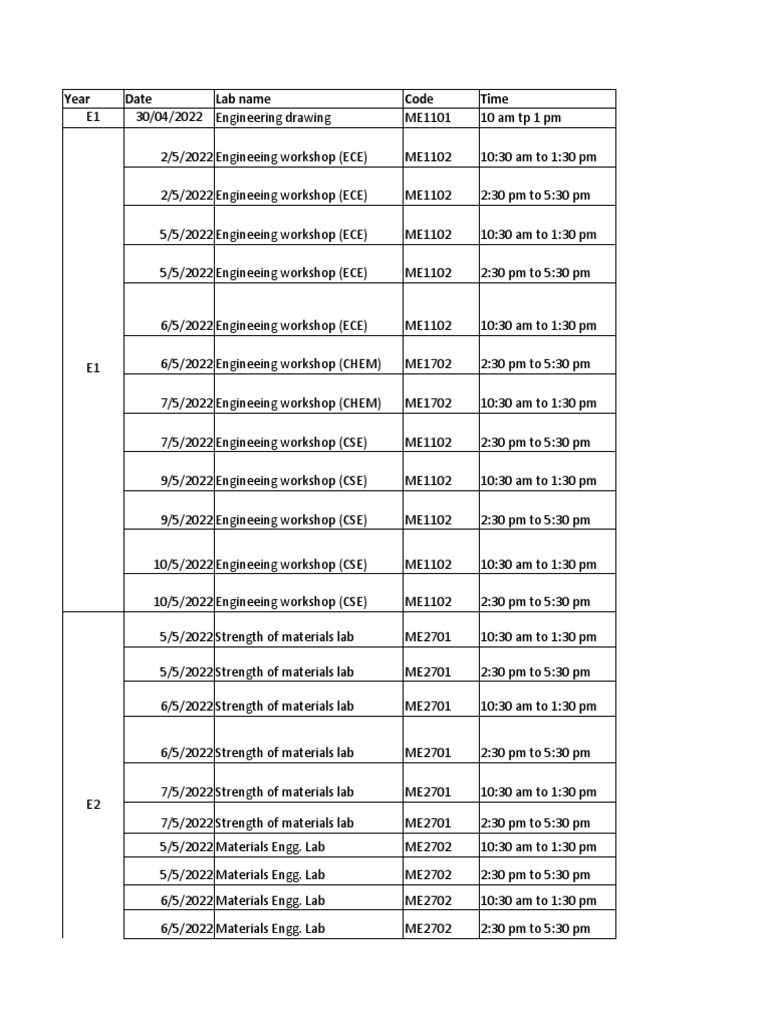 AY21-22 - E1 and E2 - Sem1 Lab Exam Schedule | PDF | Engineering | Mechanical Engineering