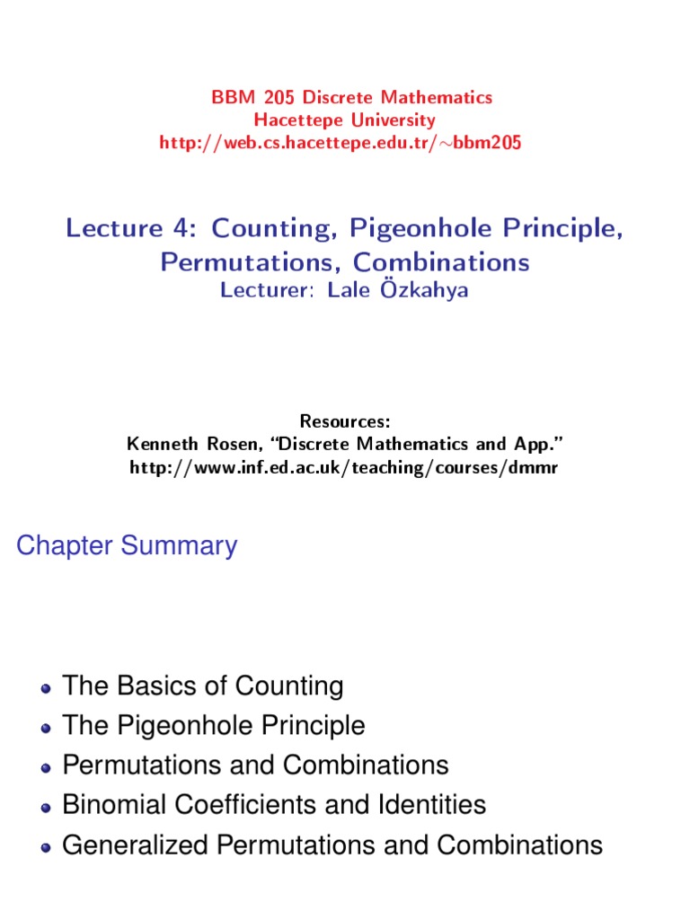 Lecture 4: Counting, Pigeonhole Principle, Permutations, Combinations | PDF | Numbers | Permutation
