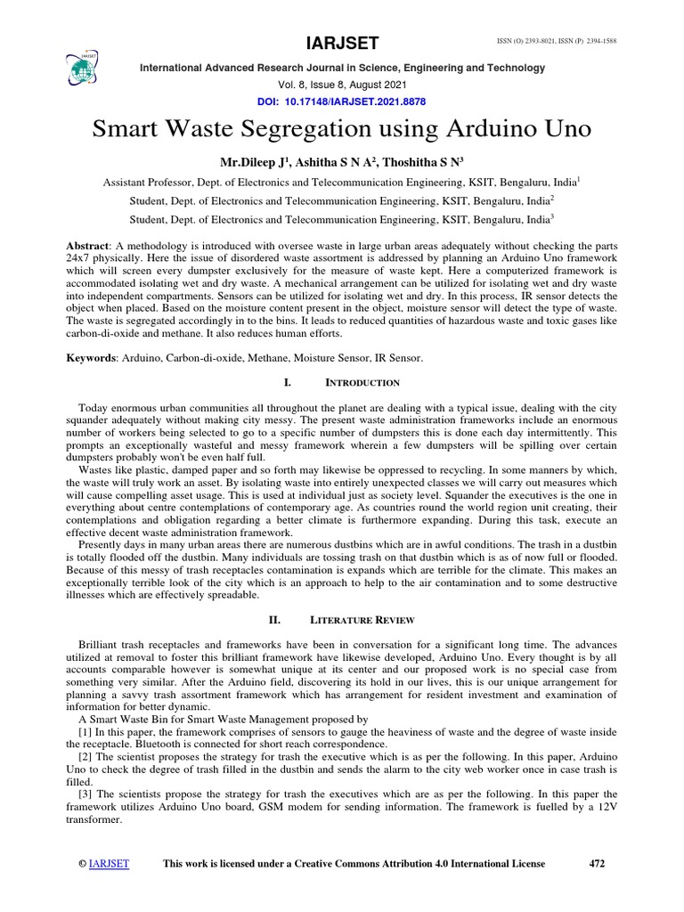 Smart Waste Segregation Using Arduino Uno: Iarjset | PDF | Waste Management | Waste