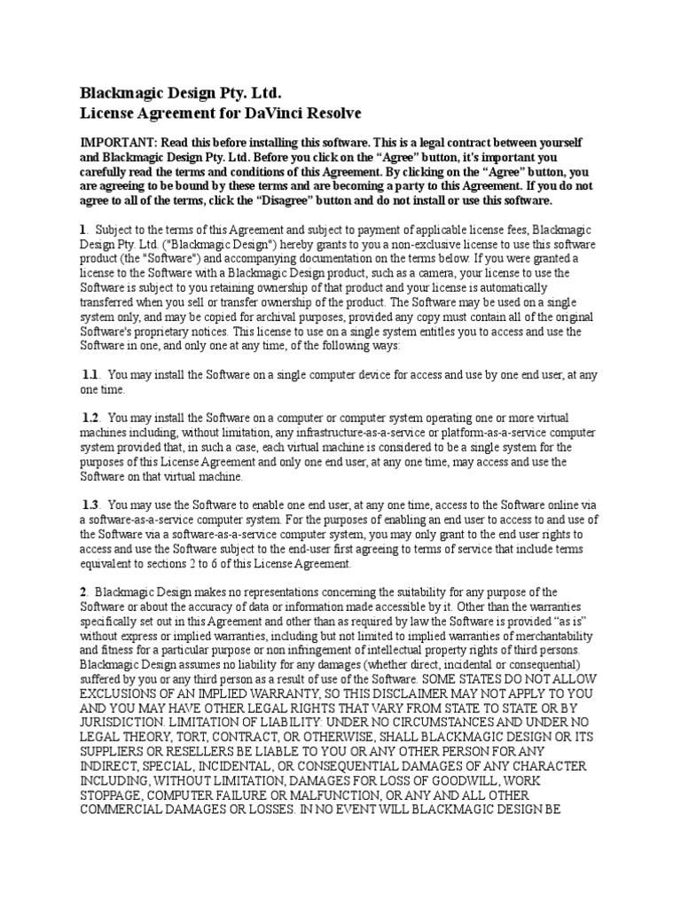 Blackmagic Design Pty. Ltd. License Agreement For Davinci Resolve | PDF ...