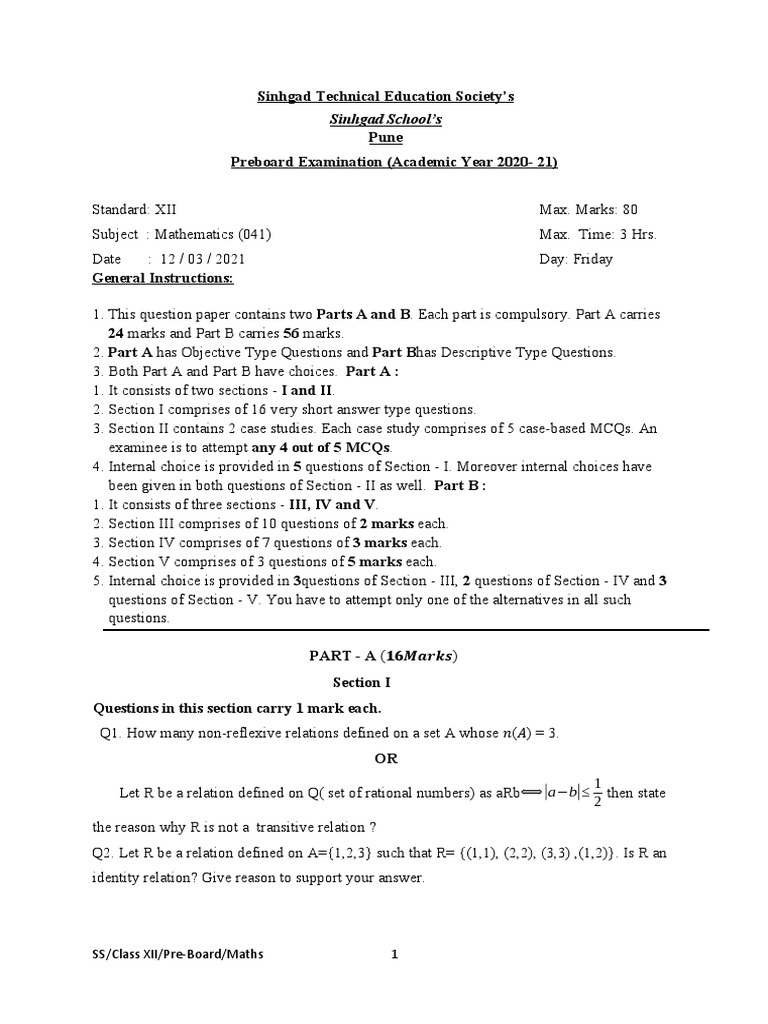 Pre - Board - 2 STD XII Mathematics | Download Free PDF | Plane ...