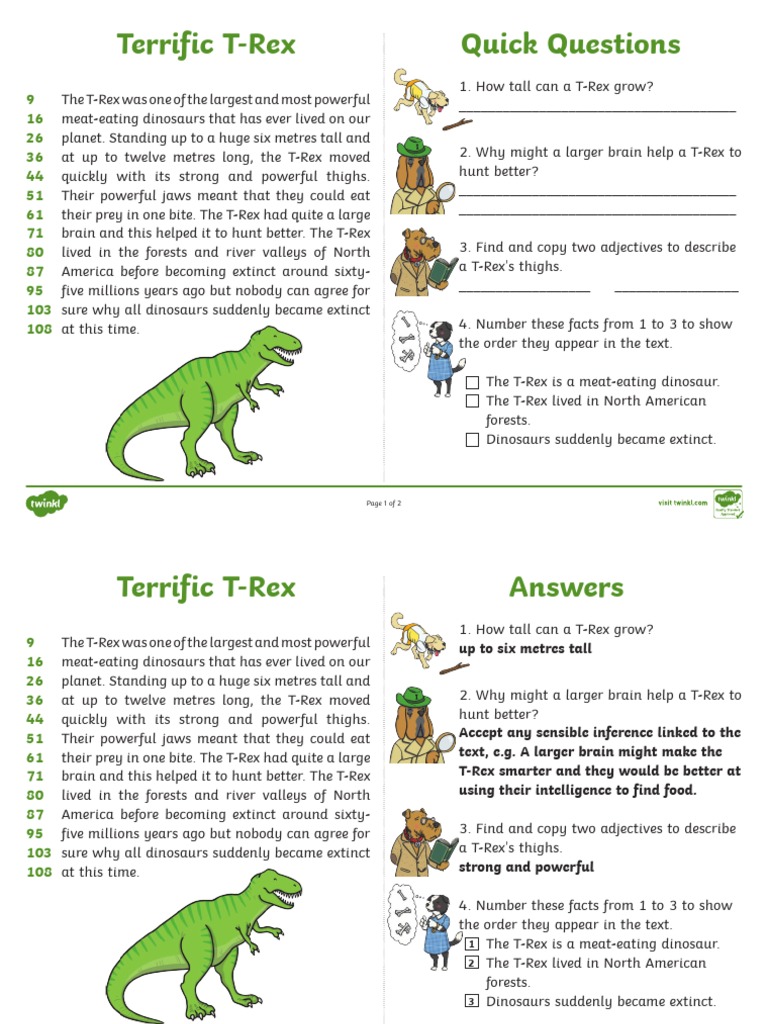 Terrific T-Rex Quick Questions: Page 1 of 2 | Download Free PDF ...