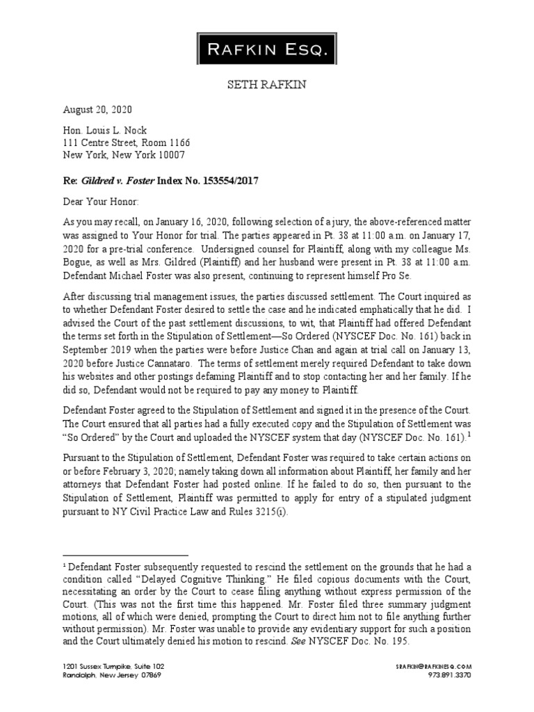 Seth Rafkin: Re: Gildred v. Foster Index No. 153554/2017 | PDF ...
