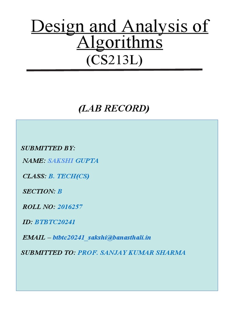 Design and Analysis of Algorithms: (Lab Record) | PDF | Combinatorics | Algorithms And Data ...
