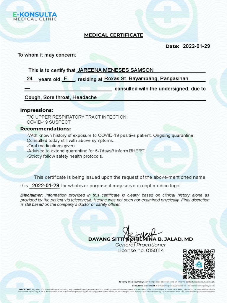 Medical Certificate Documenting a Patient's Upper Respiratory Tract ...