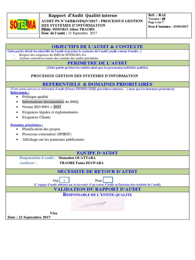 Rapport d'Audit Qualité Systèmes Info 2017 | PDF | Audit | Système de ...