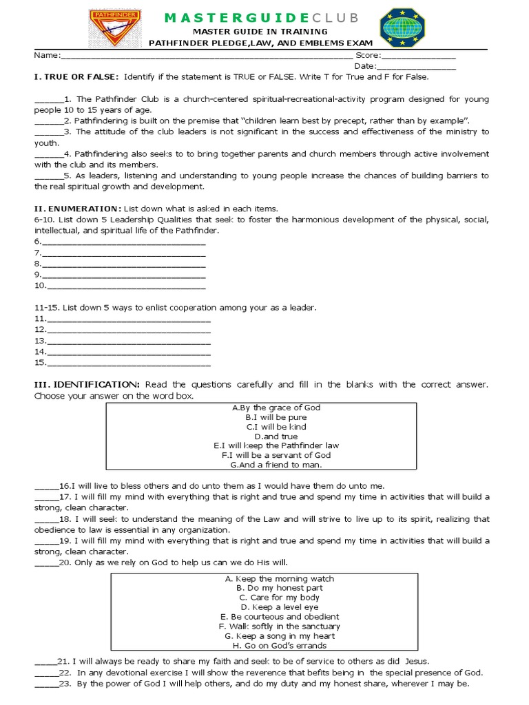 PATHFINDER EMBLEMS, LAW, and Pledge EXAM | PDF | Test (Assessment ...