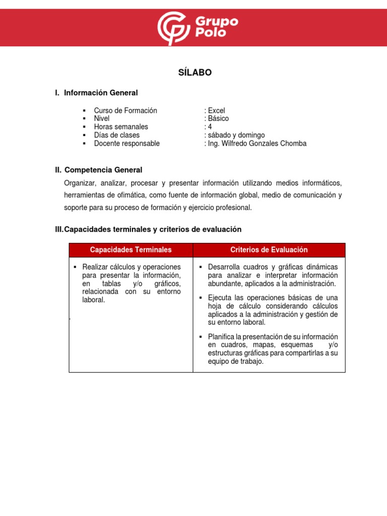 Silabus de Excel - Básico | PDF | Microsoft Excel | Informática