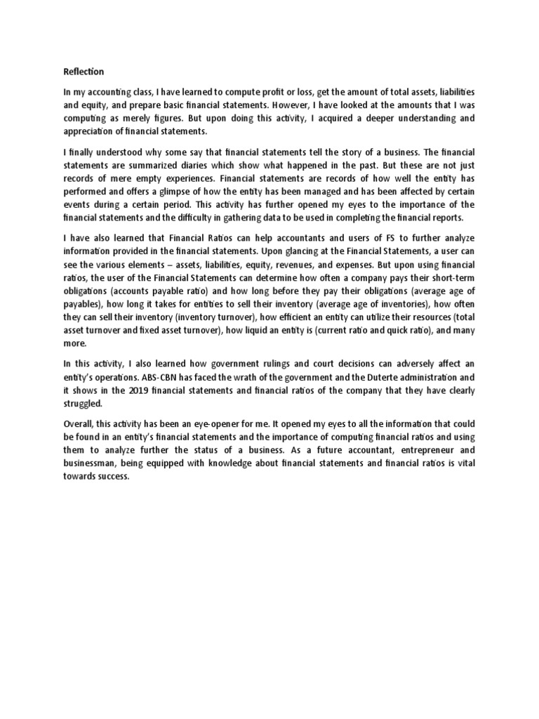 Reflection | PDF | Financial Statement | Inventory