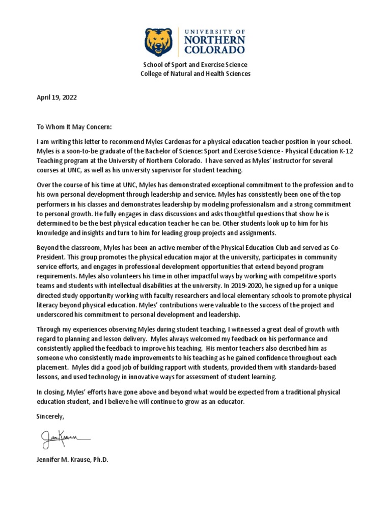 Myles Cardenas Recommendation Letter Pe Position | PDF | Physical ...