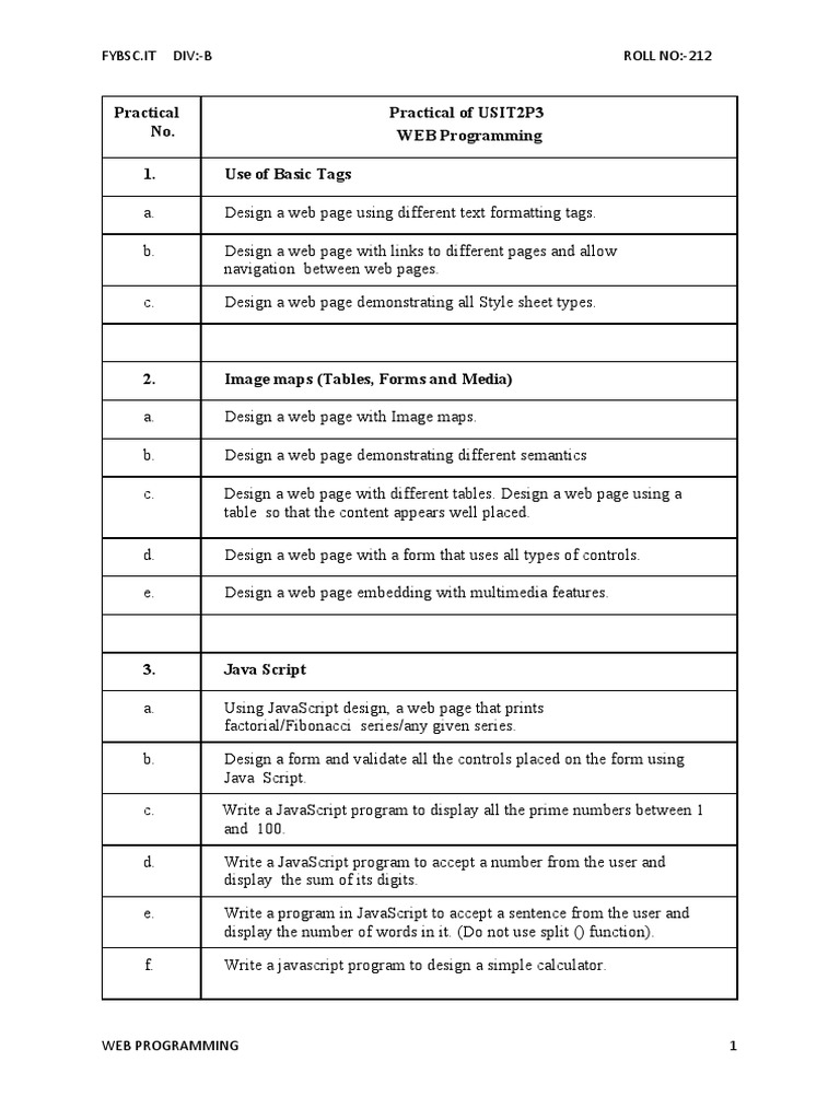 Fybscit Div B Roll No 212 Web Programming All Practicals | PDF | World ...