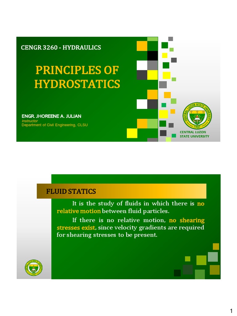 Principles of Hydrostatics: Cengr 3260 - Hydraulics | PDF | Pressure ...