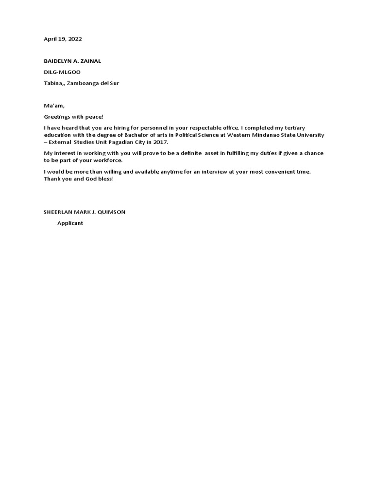 DILG Application Letter by Sheerlan Quimson | PDF
