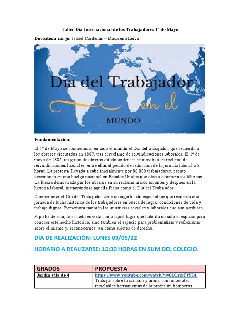 Taller Día Internacional de Los Trabajadores 1º de Mayo | PDF ...
