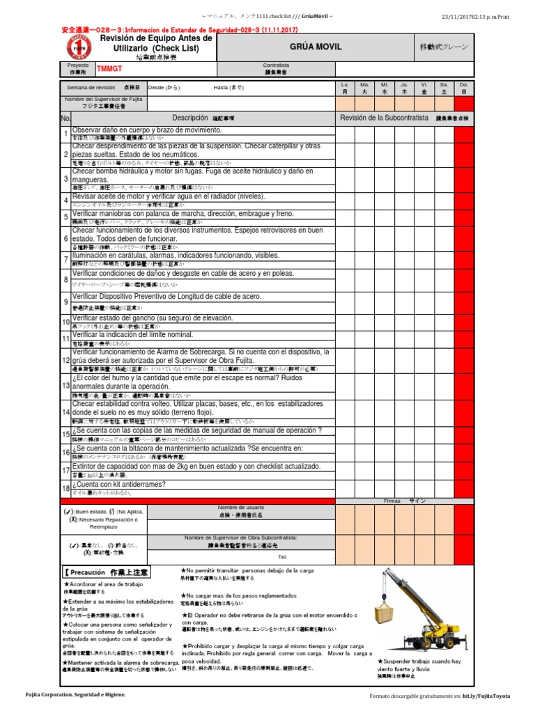14 Checklist Grua Movil | PDF | Tecnología de vehículos | Vehículo de motor