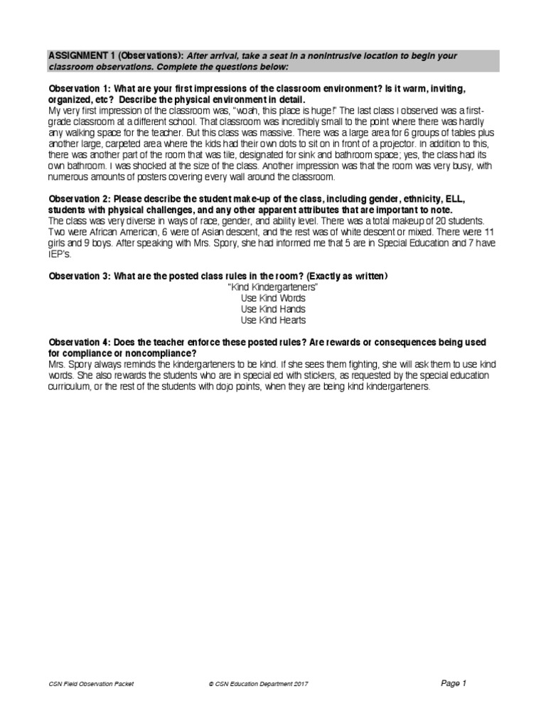 Edu 201 Field Observation Final | PDF | Classroom | Teachers