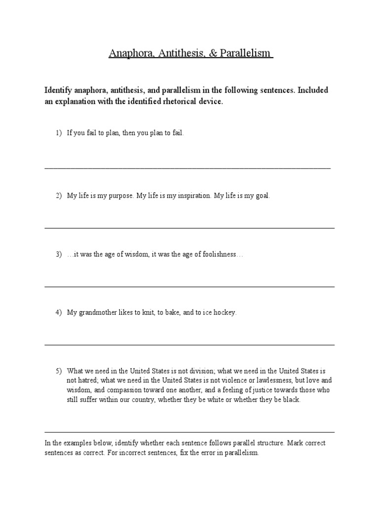 Parallelism Anaphora and Antithesis Worksheet | PDF