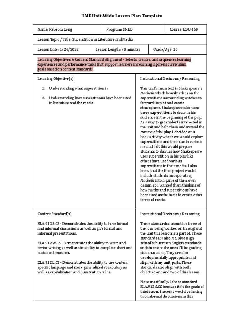 1 24 - Superstition Lesson Plan | PDF | Learning | Lesson Plan