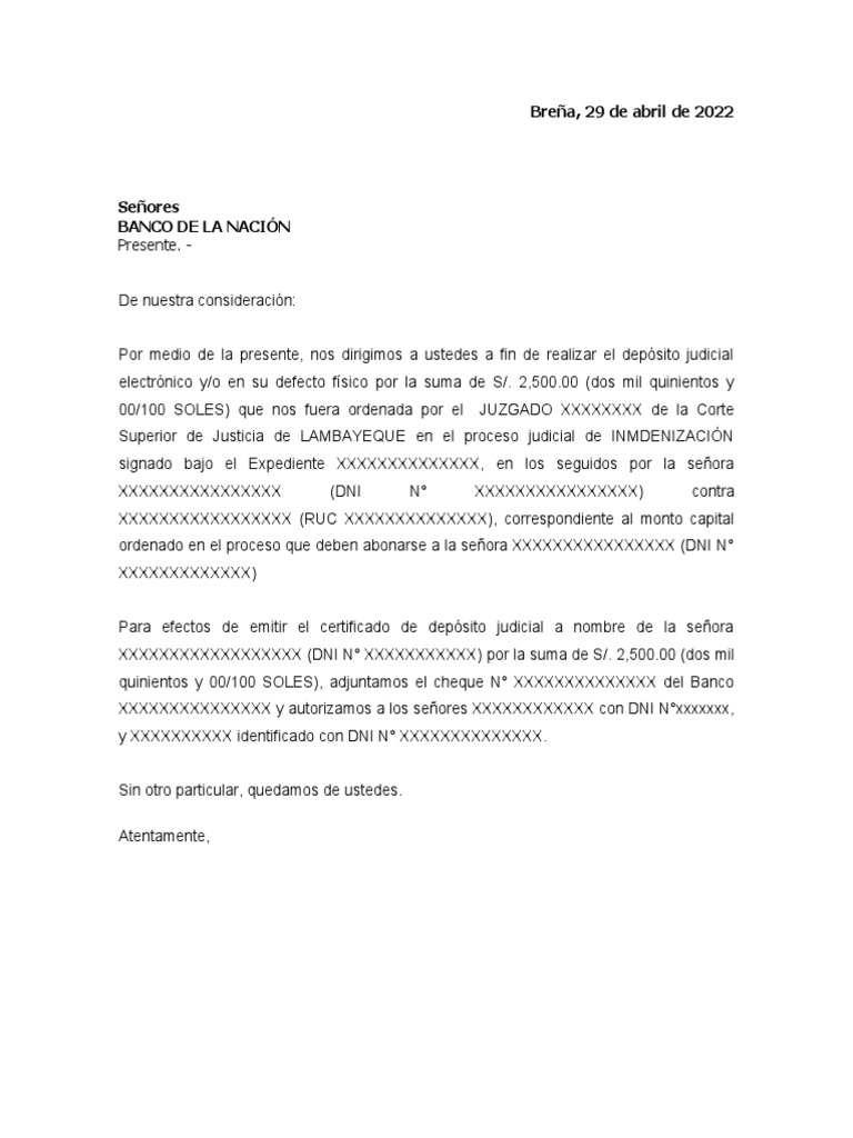 Carta Consignación Judicial Banco La Nación | PDF