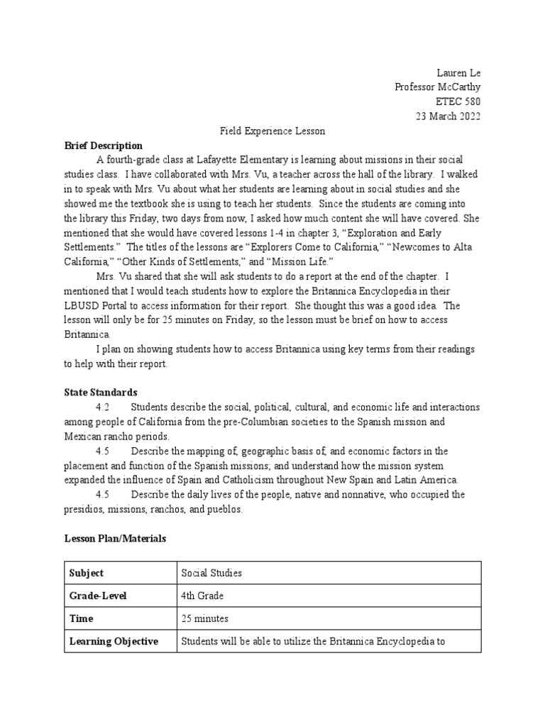 Field Experience Lesson | PDF | Cognition | Learning
