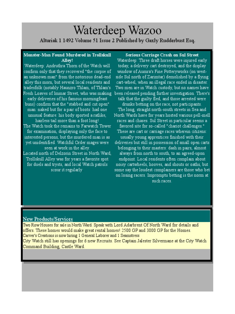 Waterdeep Wazoo: Alturiak 1 1492 Volume 51 Issue 2 Published by Gaxly ...