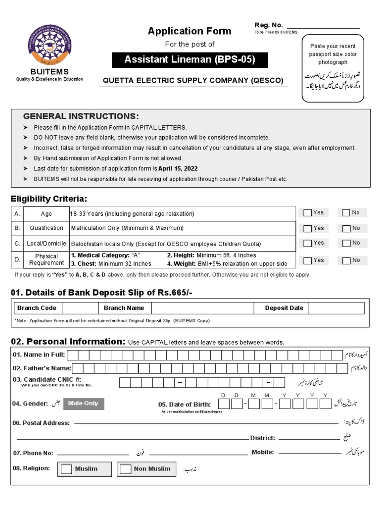 Assistant Lineman (BPS-05) : Application Form | PDF