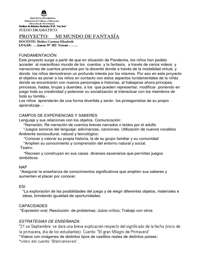 PROYECTO MI MUNDO DE FANTASIA 2021 Nuevo | PDF | Educación de la ...