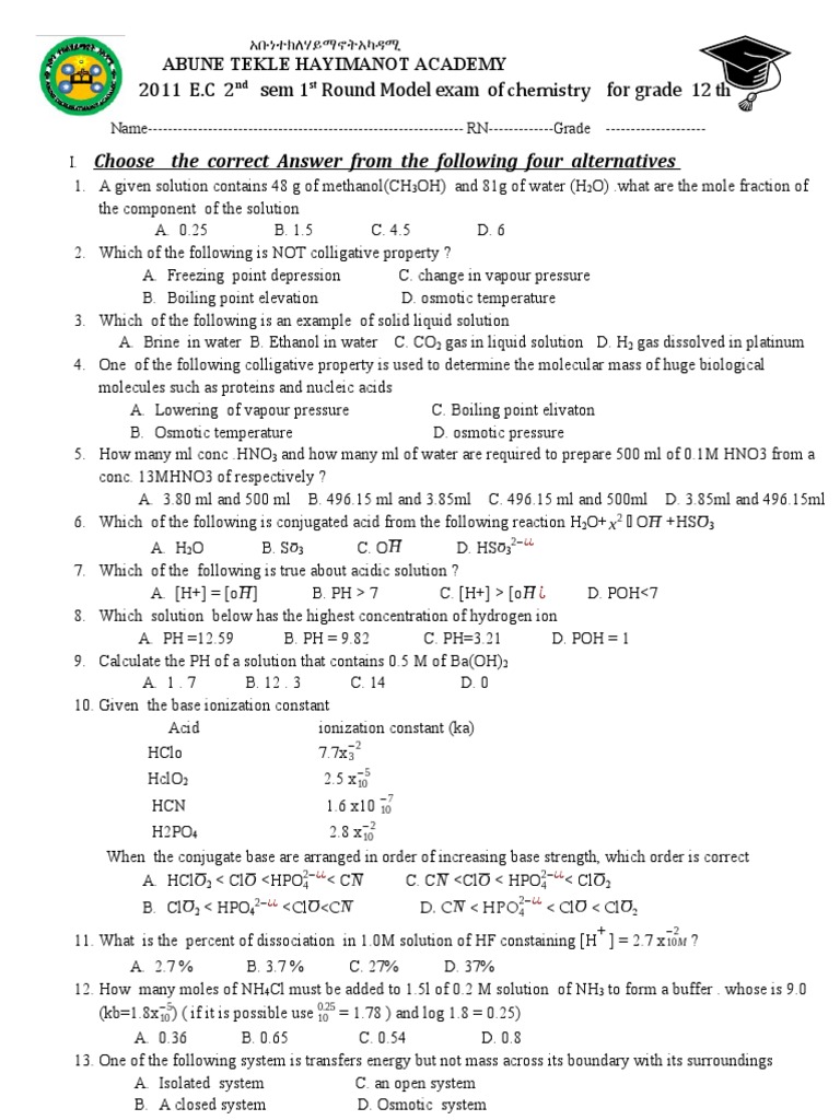Grade 12 Chemistry Model Exam | PDF | Chemical Bond | Covalent Bond