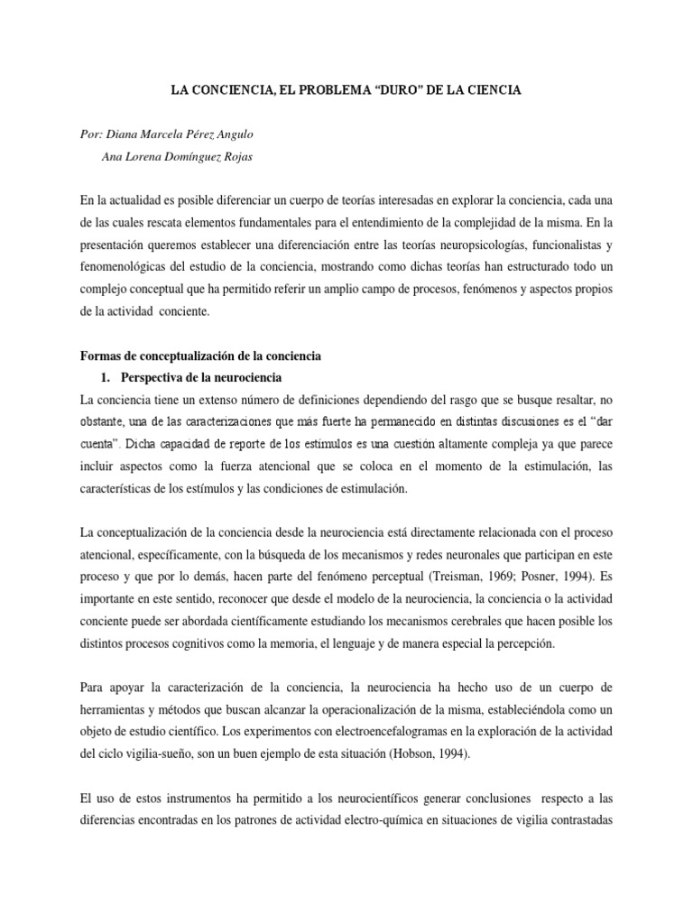 Pérez & Domínguez (2011) - La Conciencia, El Problema 'Duro' de La ...
