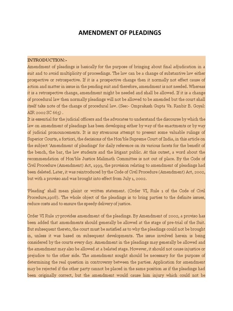 Amendment of Pleadings | Download Free PDF | Pleading | Supreme Court ...