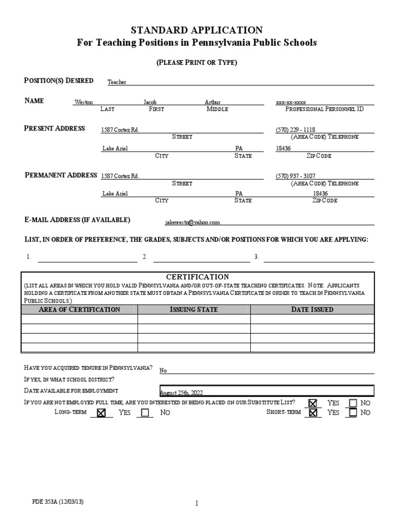 Pa Standard Teaching Application | PDF | Teachers | Criminal Record