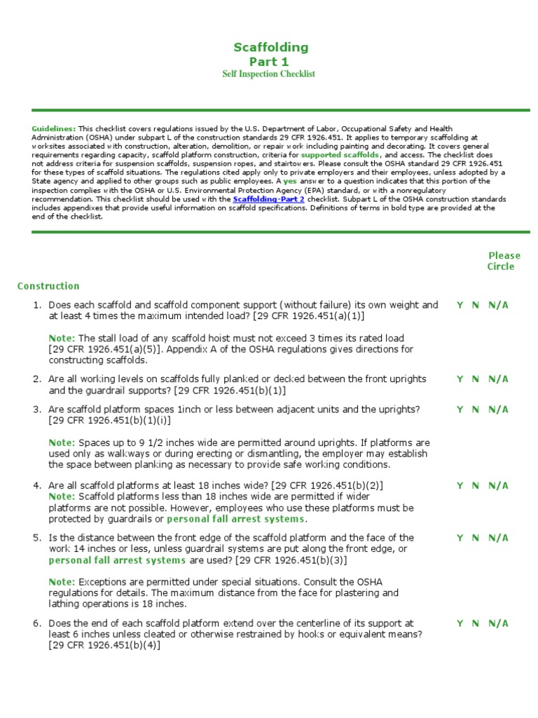 OSHA Scaffolding Self-Inspection Checklist | PDF | Scaffolding ...