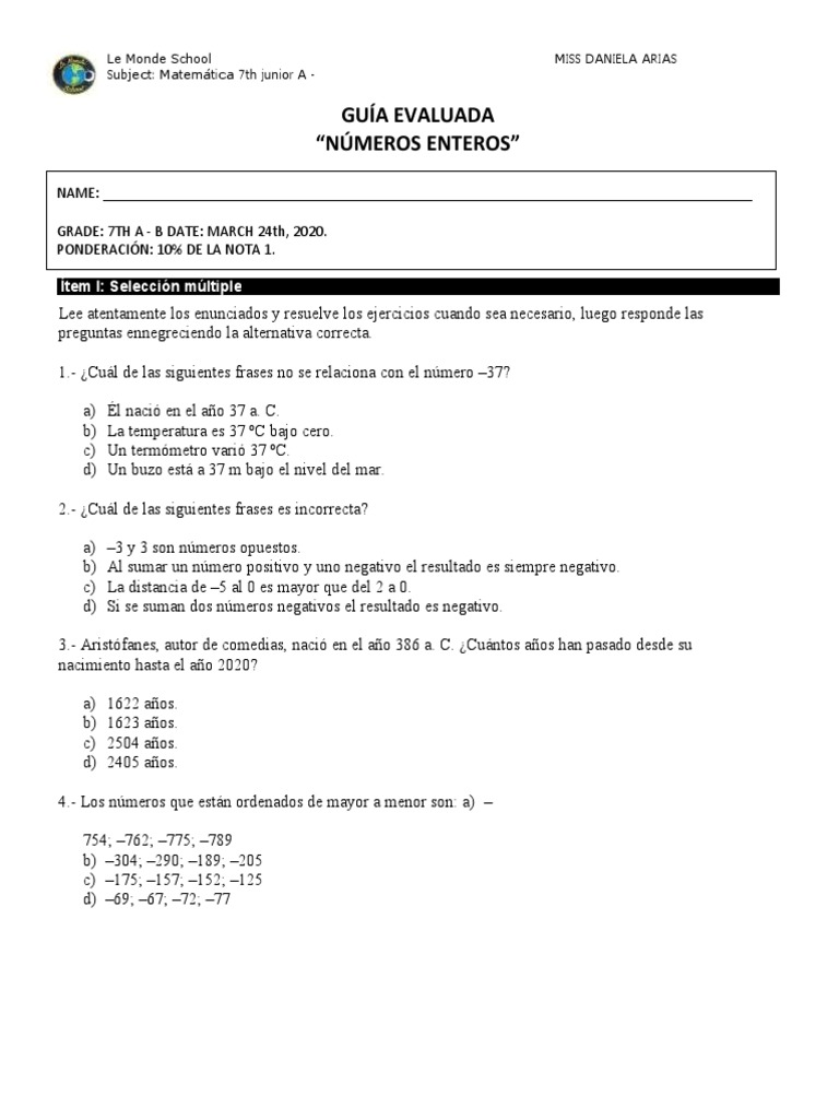 7mo Basico 2 Guia Evaluada Numeros Enteros | PDF | Matemáticas