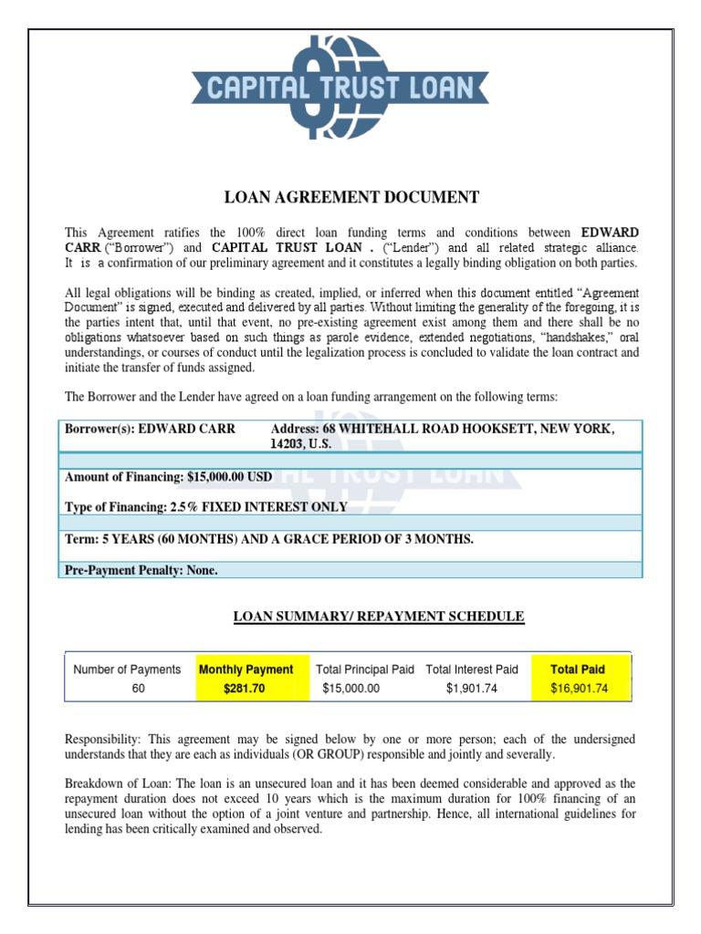 Loan Agreement Document: Loan Summary/ Repayment Schedule | PDF | Loans ...