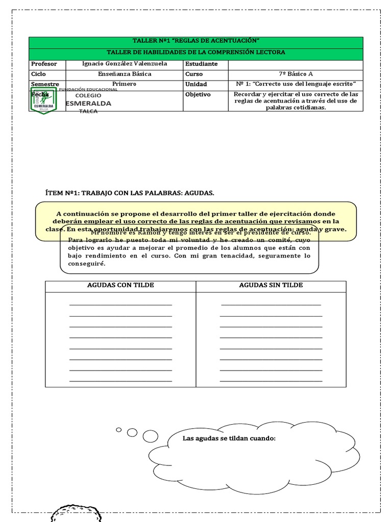 Guía Clase Nº2 - Unidad 1 - Ejercitación Palabras Agudas y Graves | PDF ...