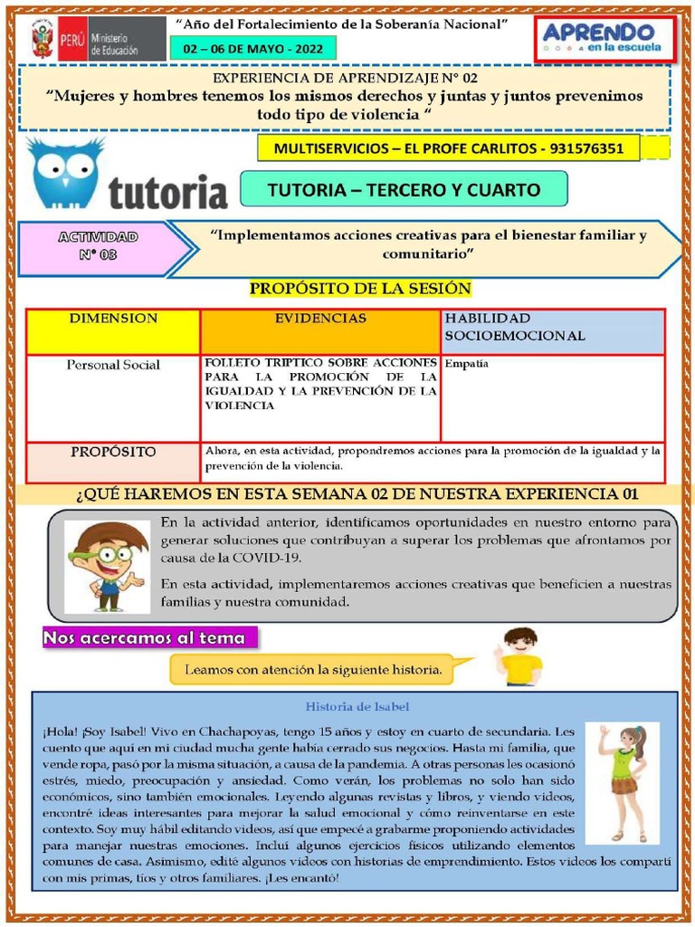 Experiencia de Aprendizaje 02 - Actividad 3 - 3ero y 4to Grado Grado - 2022 - Tutoria | PDF