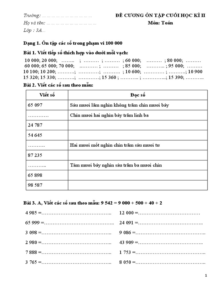 ĐỀ CƯƠNG TOÁN TV CK2 LỚP 3 | PDF