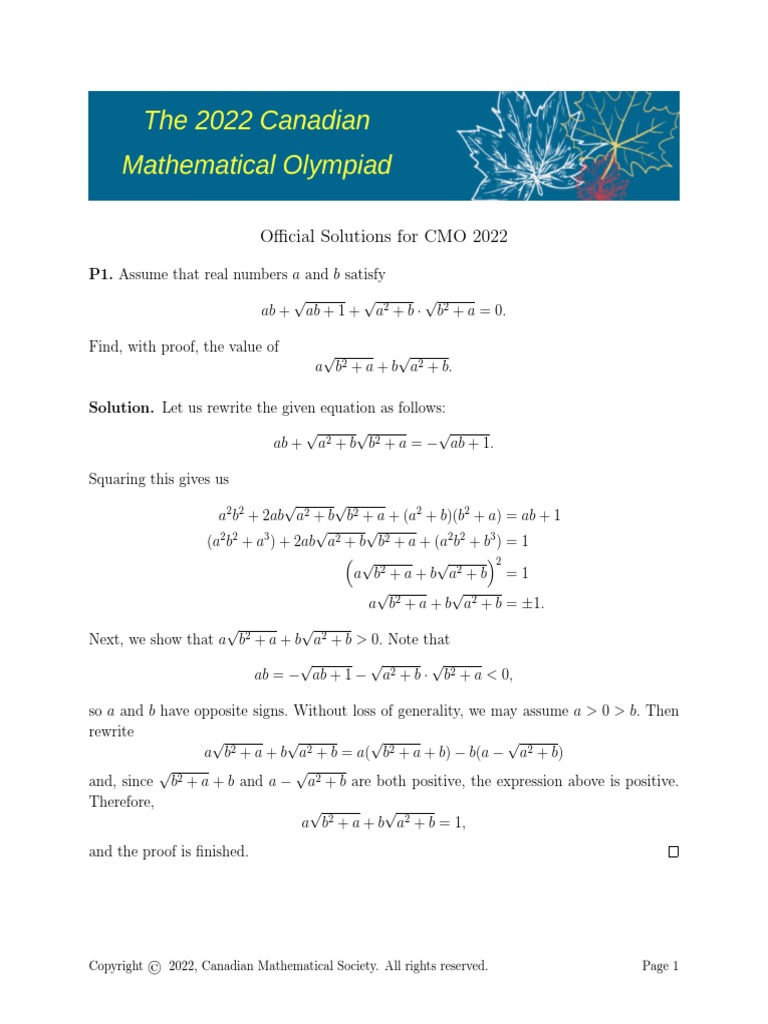 Official Solutions For CMO 2022: © 2022, Canadian Mathematical Society ...