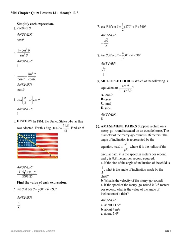 Mid-Chapter Quiz Lessons 13-1 Through 13-3 1 3 | PDF | Sine | Angle