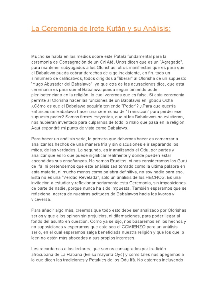 La Ceremonia de Irete Kután y Su Análisis | PDF | Religión étnica | Santeria
