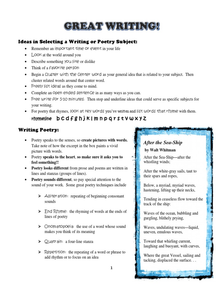 Ideas in Selecting A Writing or Poetry Subject:: Rhymeline | Download ...
