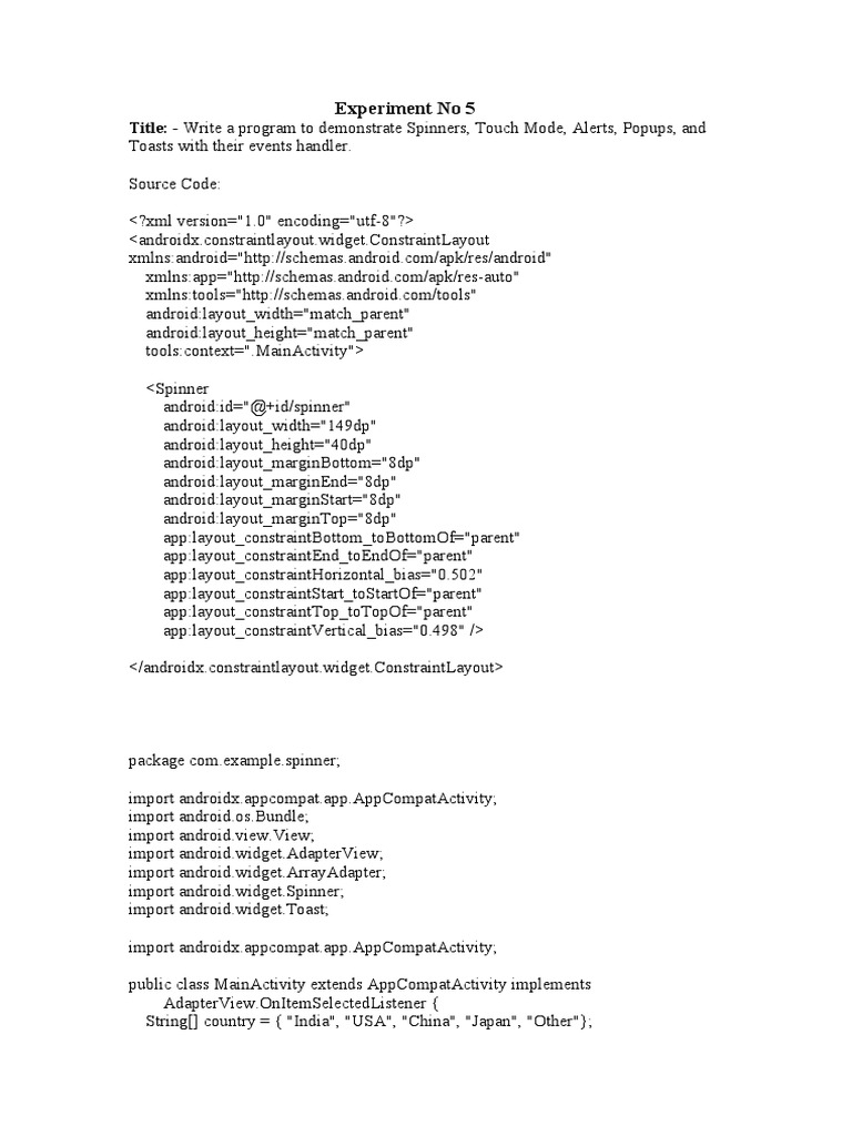 Experiment No 5: Title: - Write A Program To Demonstrate Spinners, Touch Mode, Alerts, Popups ...