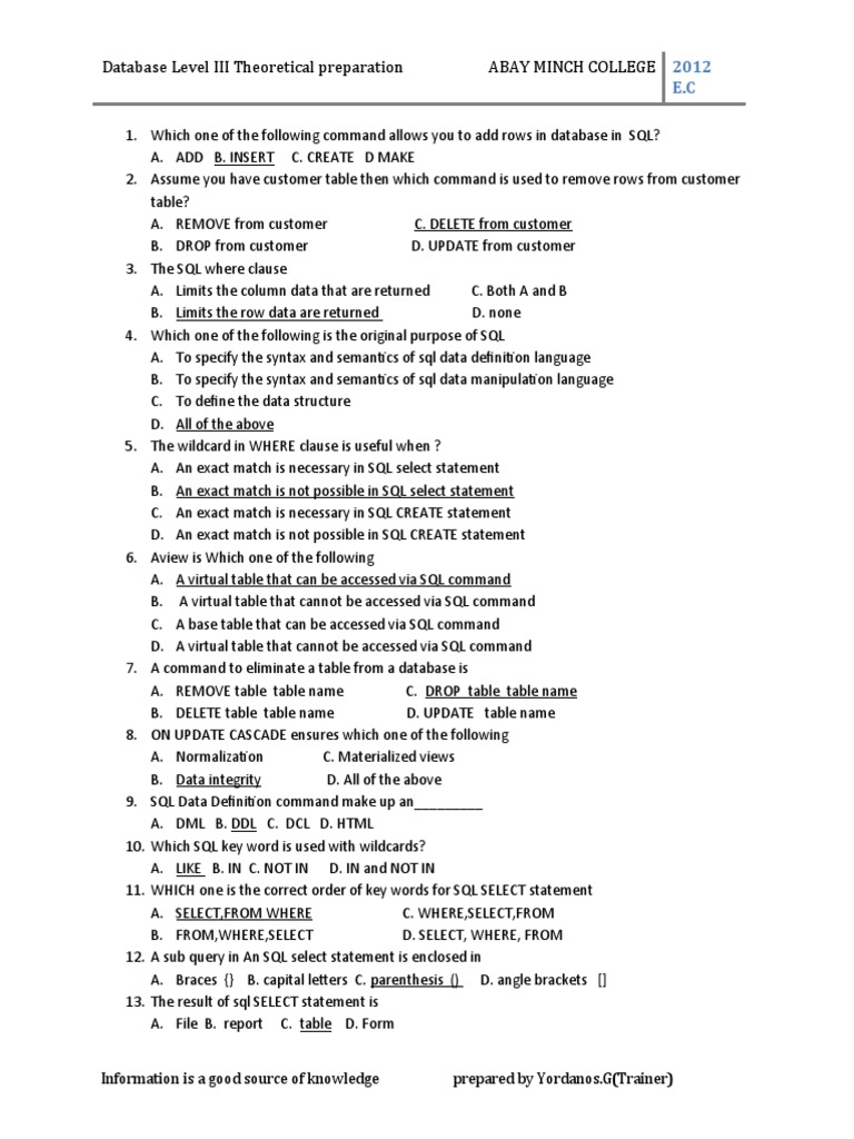 SQL Database Level III Exam Preparation | PDF | Databases | Sql