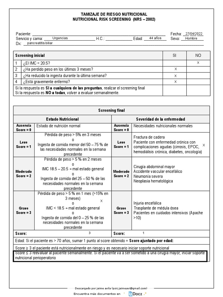 Tamizaje Nrs 2002 Formato | PDF | Medicina CLINICA | Enfermedades y trastornos humanos