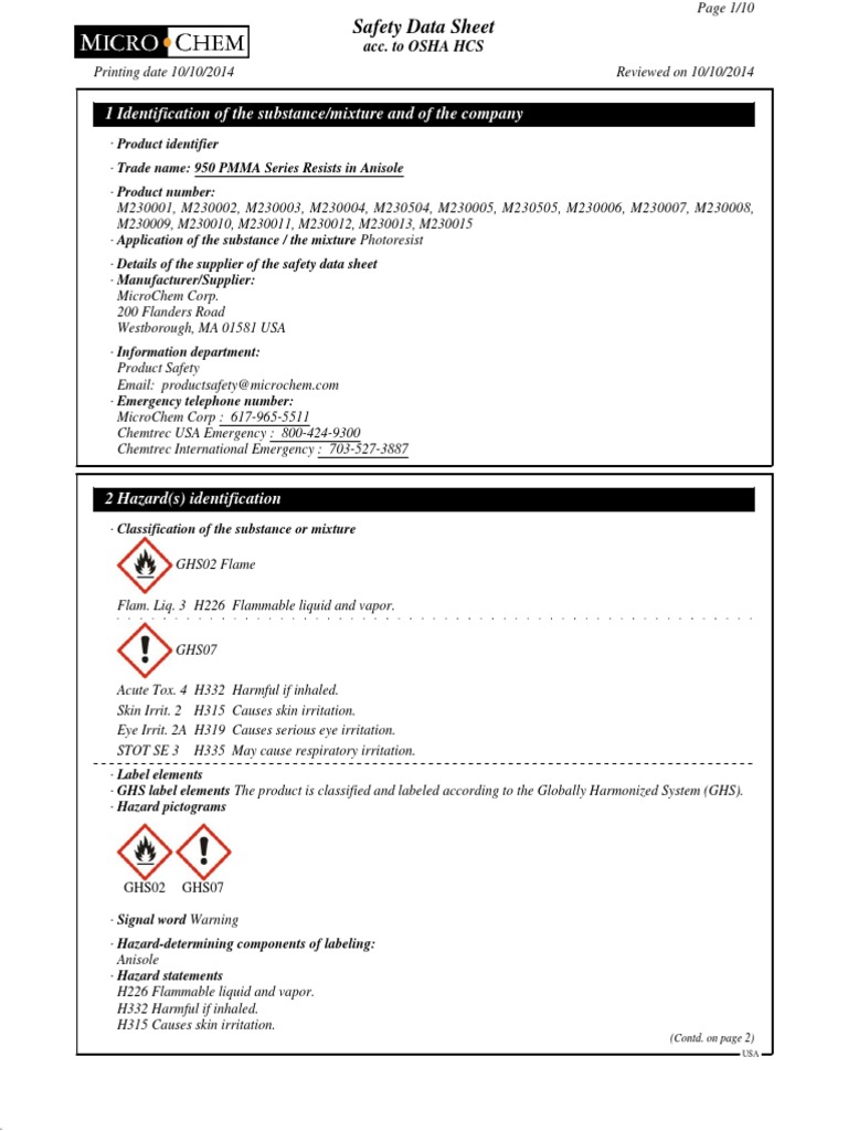 Safety Data Sheet for 950 PMMA Series Resists in Anisole | PDF ...