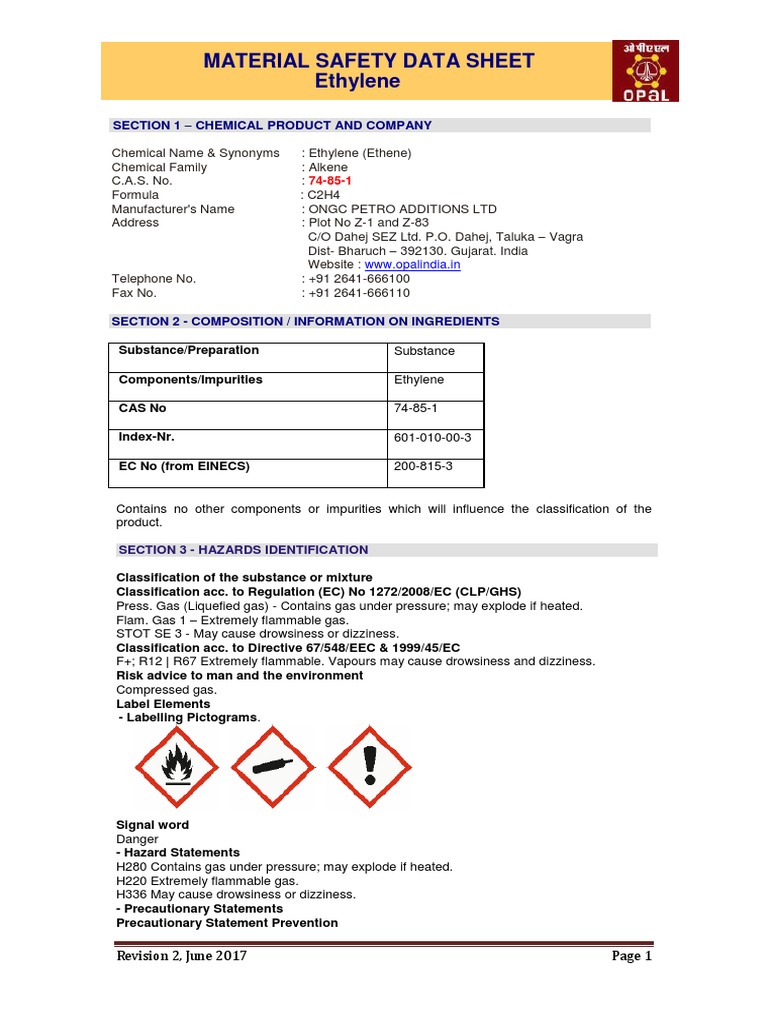 Ethylene MSDS (OPaL) | PDF | Nature | Chemistry