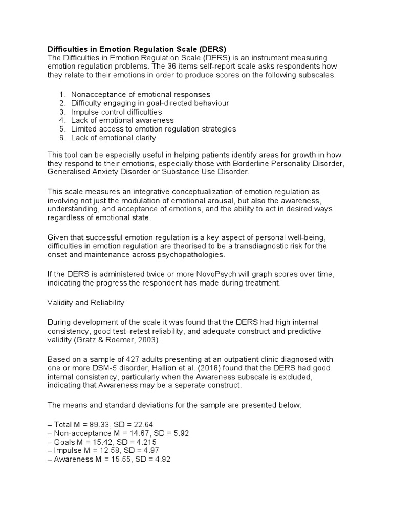 Difficulties in Emotion Regulation Scale (DERS) | PDF | Emotional Self Regulation | Mental Disorder