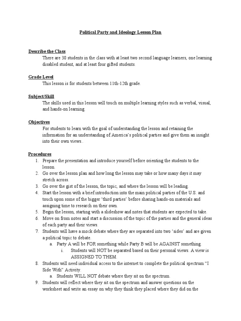 Political Party and Ideology Lesson Plan Seger | PDF | Lesson Plan ...